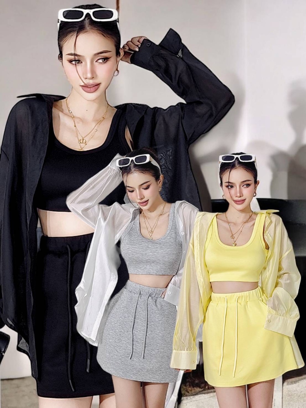 Jual Corla Set (Korean Sporty Crop Tank Top Mini Skirt Transparant Outer 3in1 Set Cotton Candy ...