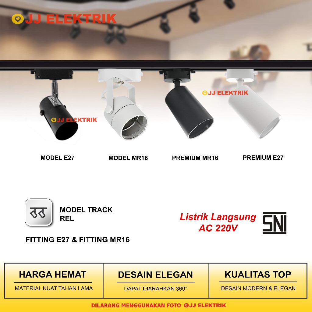 Jual Fitting Lampu Sorot Rel - Dudukan Spotlight E27 atau MR16 Track Light Hitam Putih Rumah ...