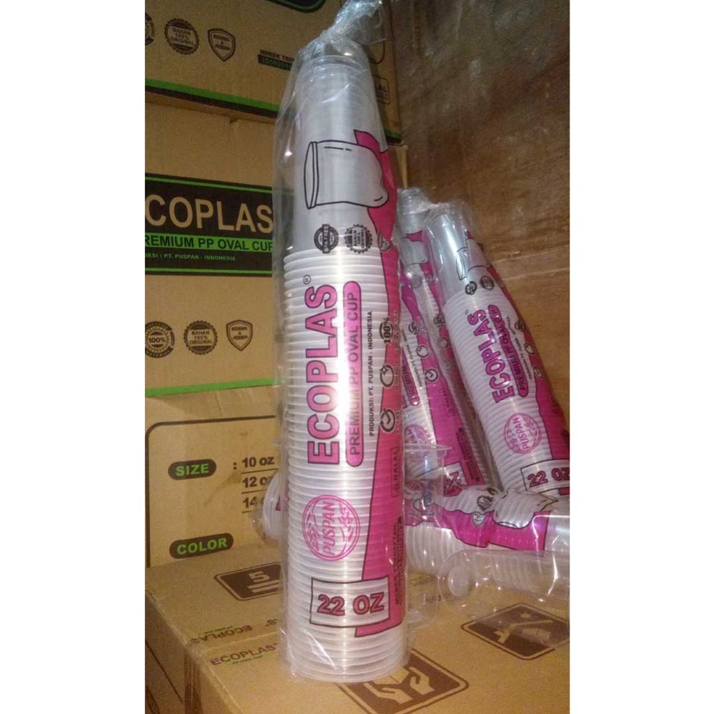 Jual CUP PUSPAN ECOPLAS / 22oz OVAL PREMIUM Gelas Plastik Bening Tebal FOOD GRADE HALAL isi 50 ...
