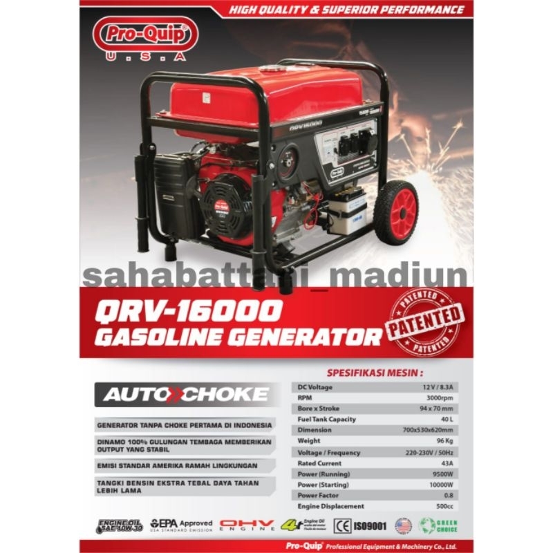 Jual Mesin Genset Generator PROQUIP QRV16000 Double Starter (Output 10. ...