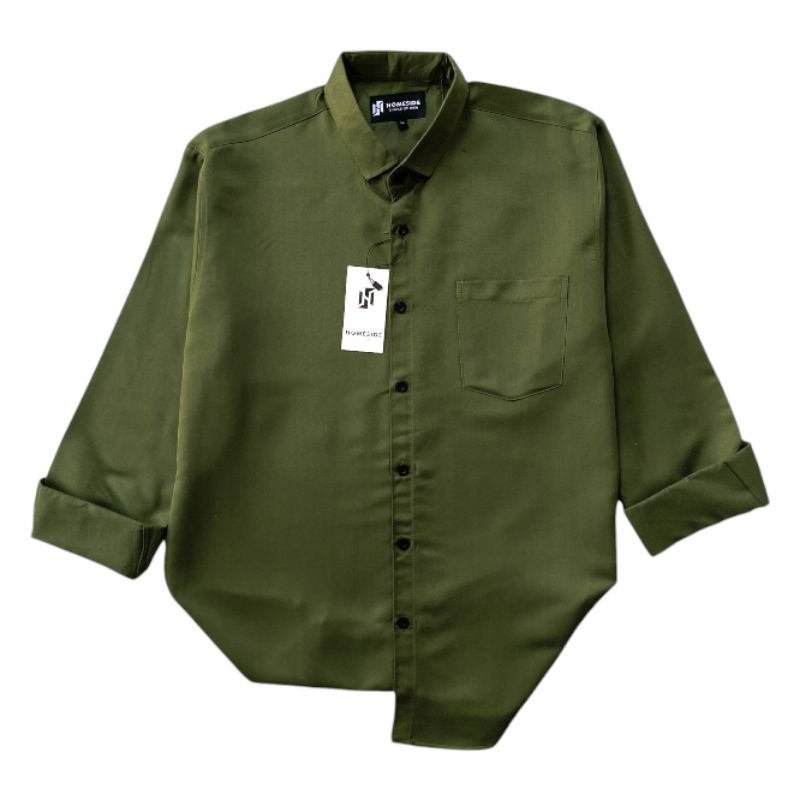Jual Kemeja Polos Hijau Army Pria Lengan Panjang Hem Slimfit Casual ...