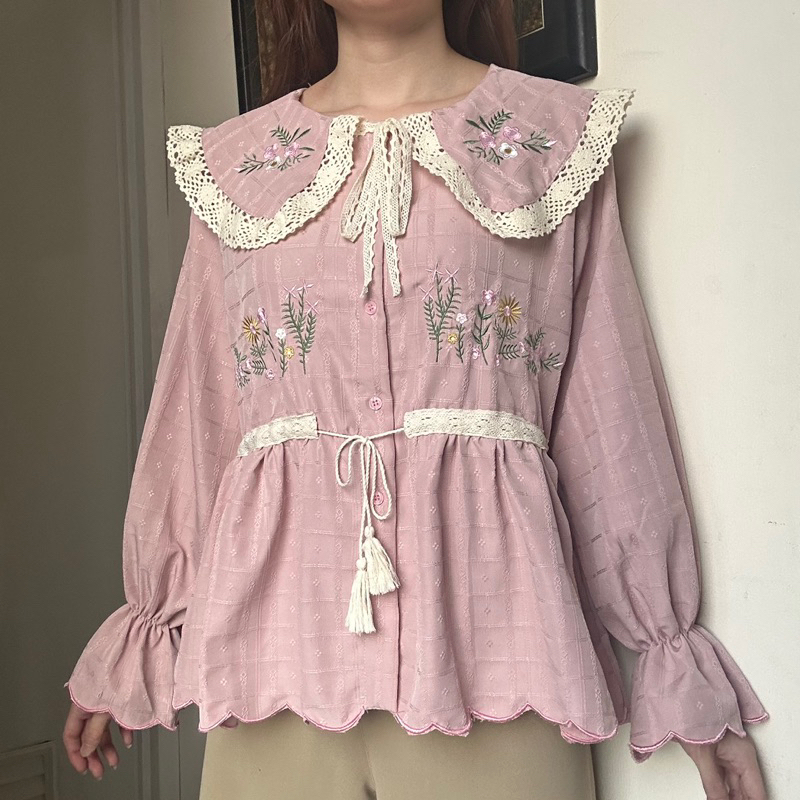 Jual Florence Top atasan BKK blouse wanita kemeja Katun emboss bordir renda lace korean style by ...