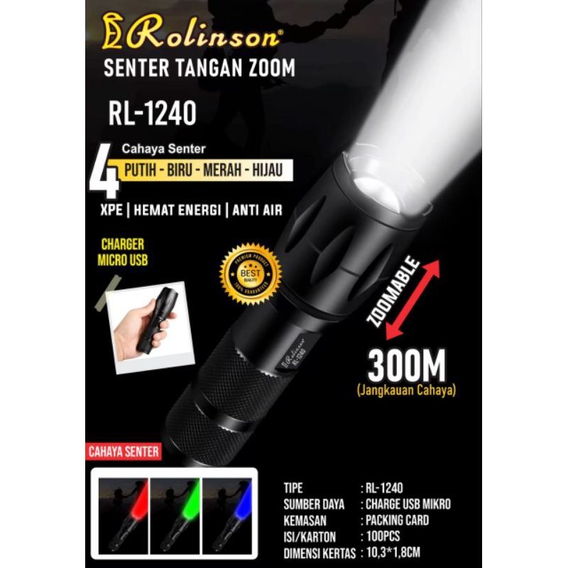Jual Senter Tangan Rolinson RL-1240 LED Super Zoom ada 4Mode cahaya Ssuper Terang senter ...