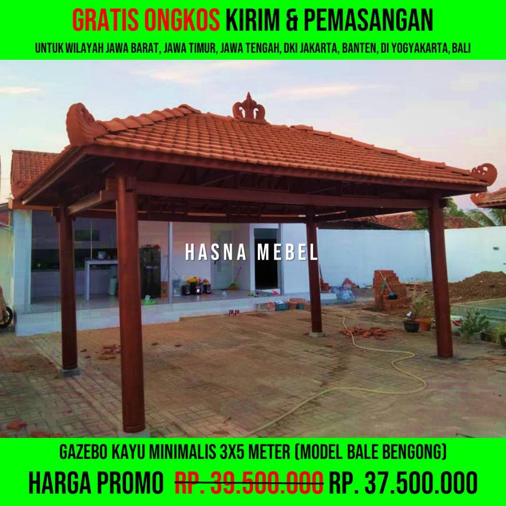Jual gazebo unik kayu minimalis ukuran 3x5 meter atap genteng (model ...