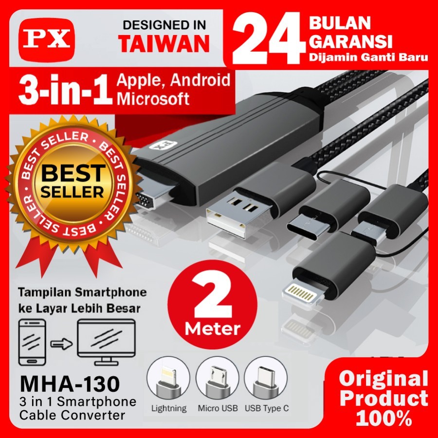 Jual PX MHA-130 Kabel HDMI ke Type C USB/Micro/Lightning Converter 3in1 2M | Shopee Indonesia