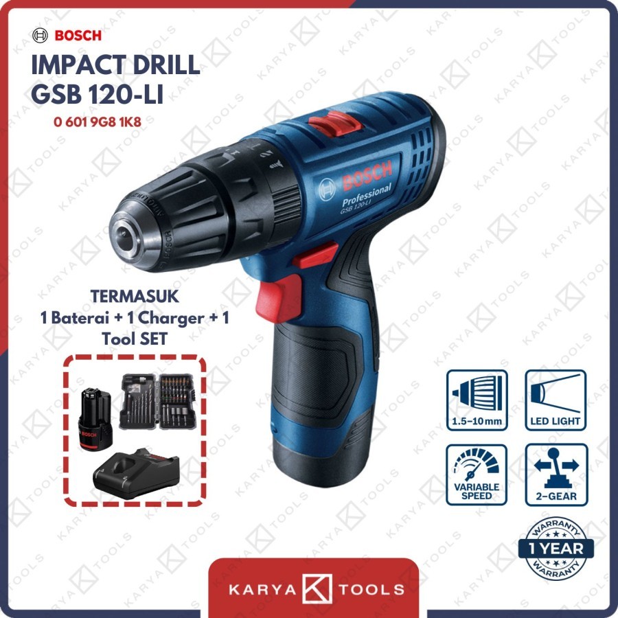 Jual Bosch GSB 120-Li Cordless Impact Drill + Tool Kit Set / Bor Tembok ...