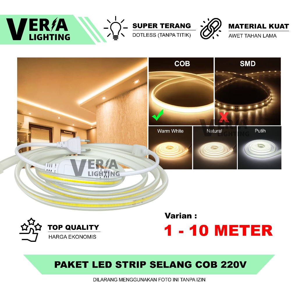 Jual LED Strip COB 220V Panjang 1m - 10m Set Soket Colokan Lampu Plafon ...