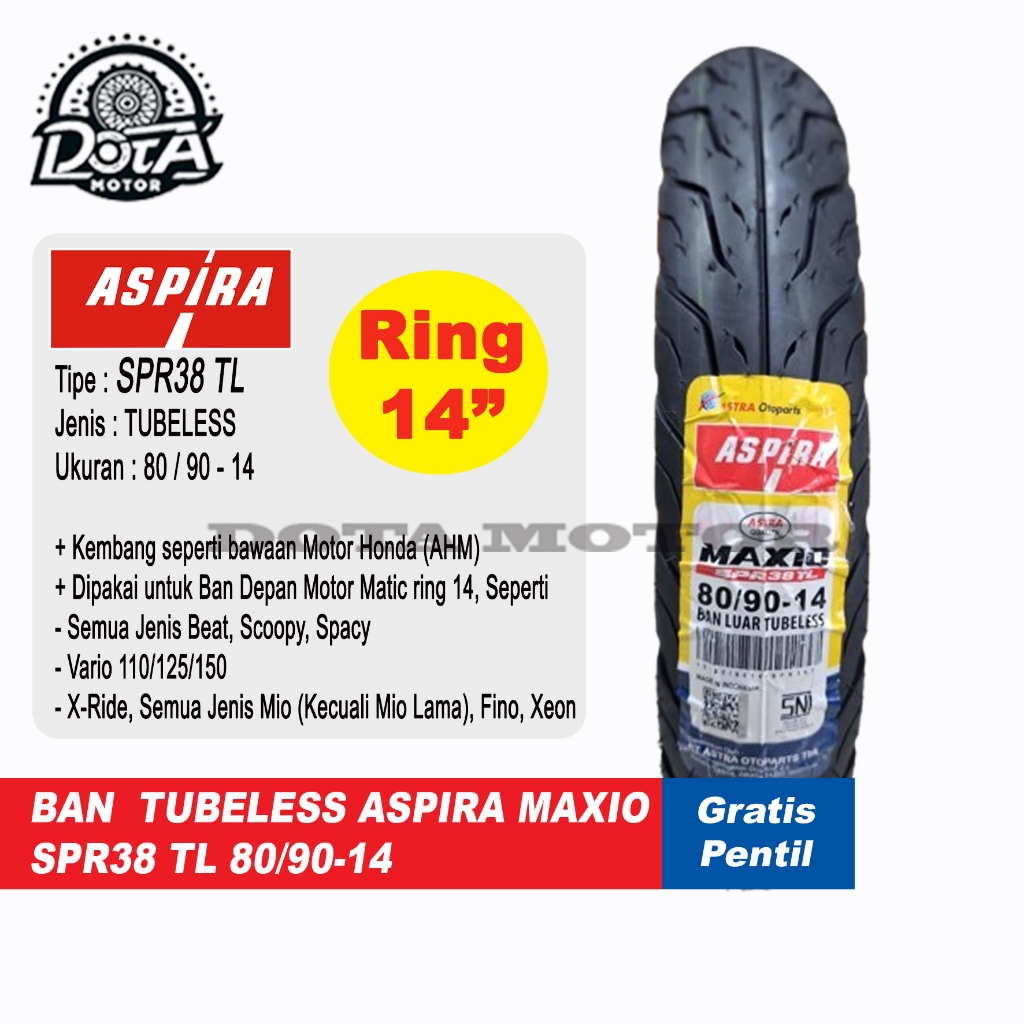 Jual BAN TUBELESS ASPIRA 80/90-14 MAXIO SPR38 / SPR 38 kembang HONDA gratis pentil | Shopee ...