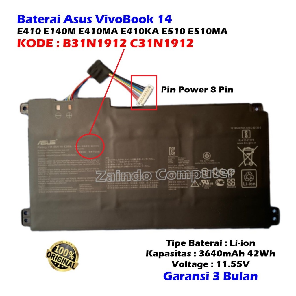 Jual ORIGINAL BATERAI ASUS VIVOBOOK 14 E410 E140M E410MA E410KA E510 E510MA B31N1912 C31N1912 ...