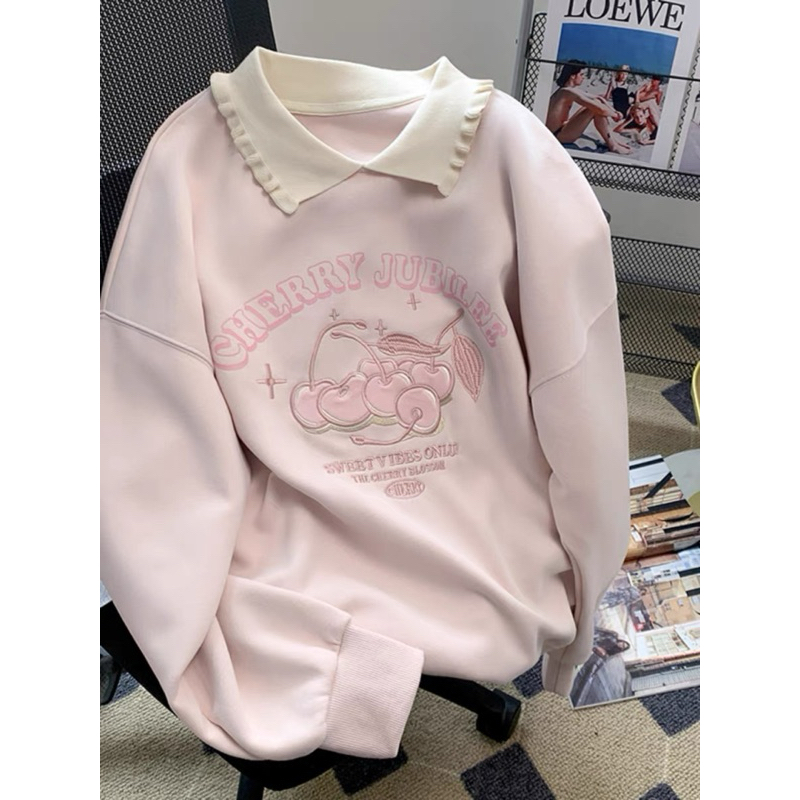 Jual [CHERRY SWEATER ♡] Sweater Coquette Kerah Renda Pink Bordir Cherry ...