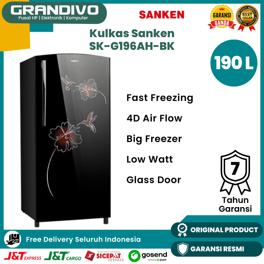 Jual Kulkas Sanken 190 Liter SK-G196AH-BK Kulkas 1 Pintu Glass Door Low ...
