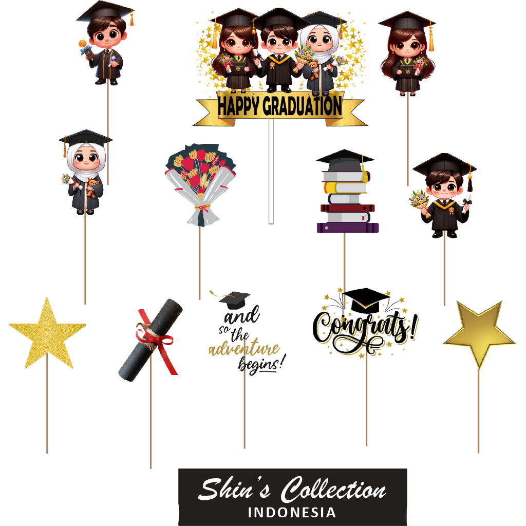 Jual Cake topper Wisuda happy graduation isi 12 pcs | Shopee Indonesia
