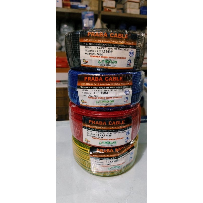 Jual kabel praba listrik NYA tebal 1x1,5 mm praba tunggal 50 meter (merah. hitam. kuning. biru ...