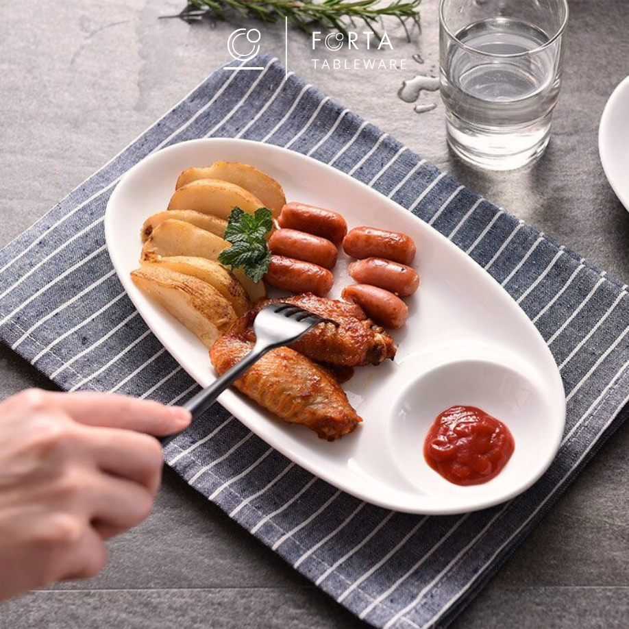 Jual FORTA Piring Keramik Oval Sekat Saus Sambal / Piring Snack Platter ...