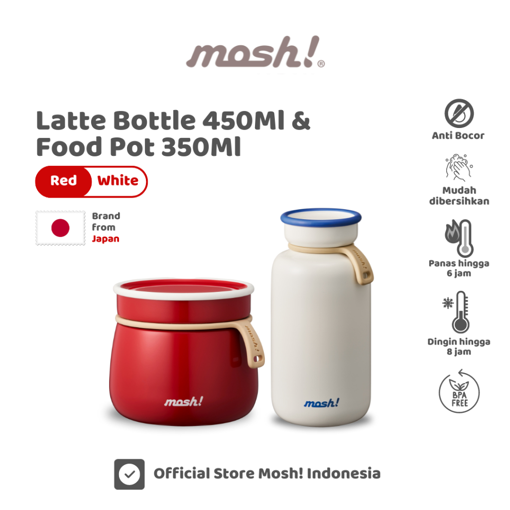 Jual Mosh Bottle Latte Tumbler 450ML White & Mosh Food Pot 350ML Red | Shopee Indonesia