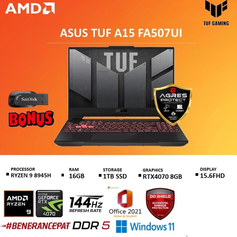Jual ASUS TUF A15 FA507UI RYZEN 9 8945H RTX4070 8GB/ 16GB 1TB W11+OHS ...