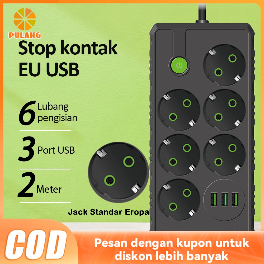 Jual Pulang 2500W Power Strip Stop Kontak USB Power Socket USB Charger 2 Meter / Power Socket ...