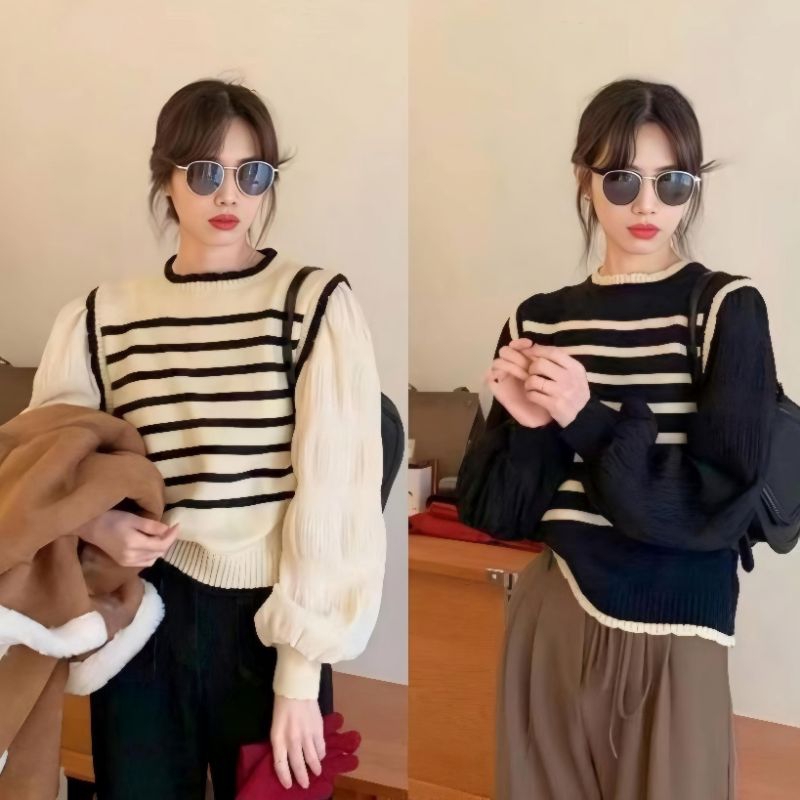 Jual Sweater Rajut Knit Korean Wanita Oversize Stripe Atasan Cardigan Wanita Dewasa Oversize ...