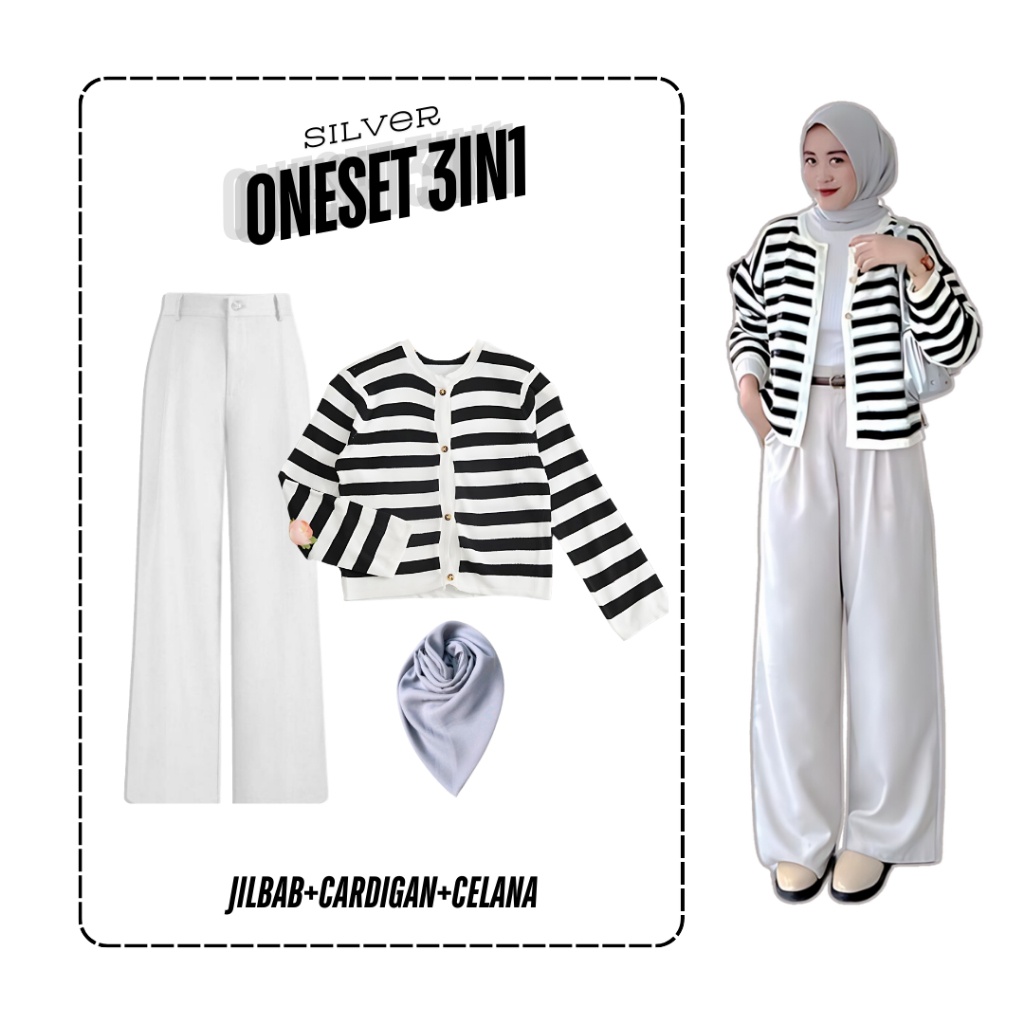 Jual One set 3in1 cardigan kardigan rajut setrip garis hitam putih lengan panjang celana panjang ...