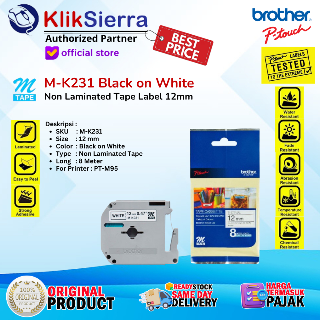 Jual BROTHER MK-231 PTouch Label 12mm Black on White MK231 K231 M231 M ...