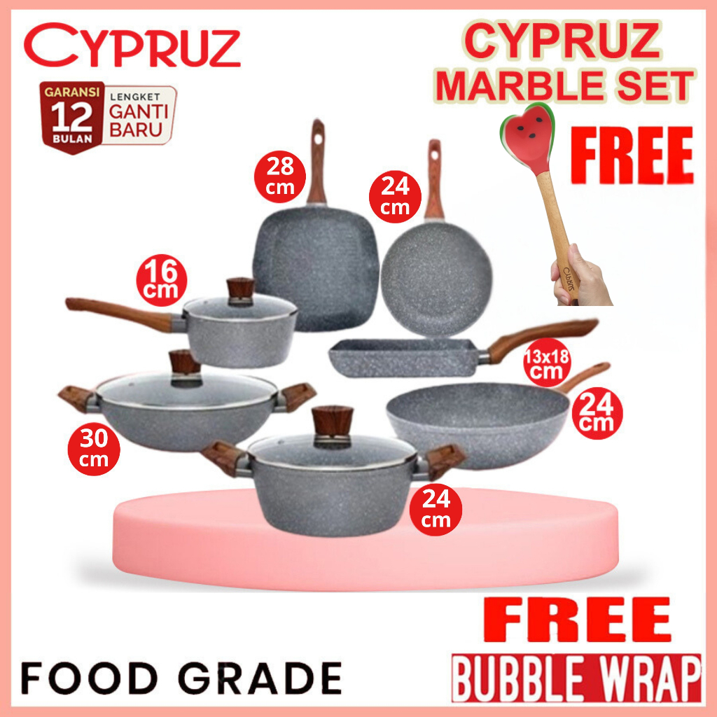 Jual Cypruz Cookware Set Fry Wok Sauce Pan Induksi Cyprus Marble 7 Pcs Panci Wajan Anti Lengket ...