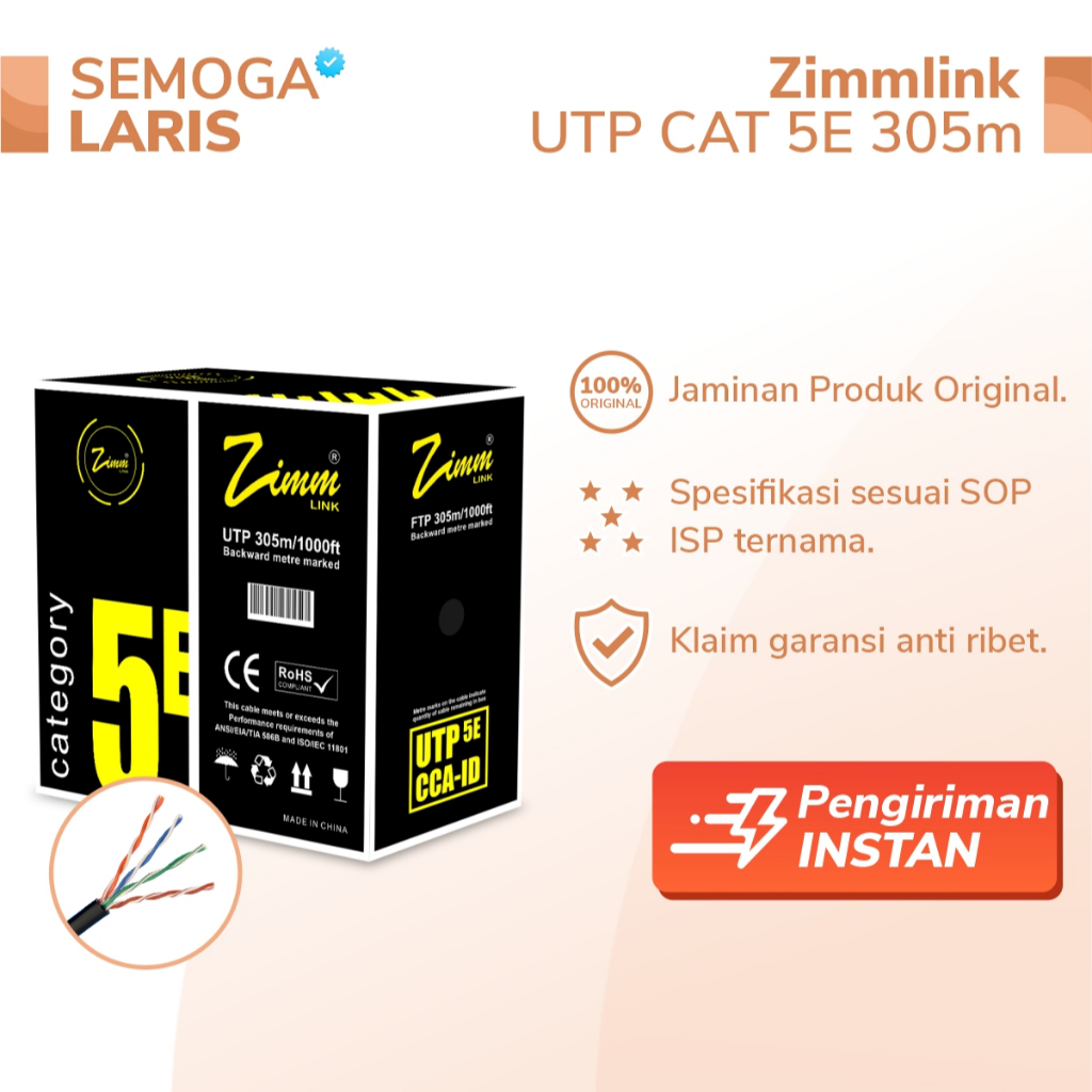 Jual Kabel LAN UTP Cat 5e Zimmlink 305m 1000ft - Kabel ethernet Server ...
