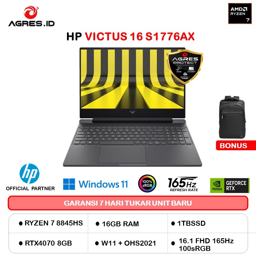 Jual HP VICTUS 16 RYZEN 7 8845HS RTX4070 8GB/ 16GB 1TB W11+OHS 16.1FHD ...