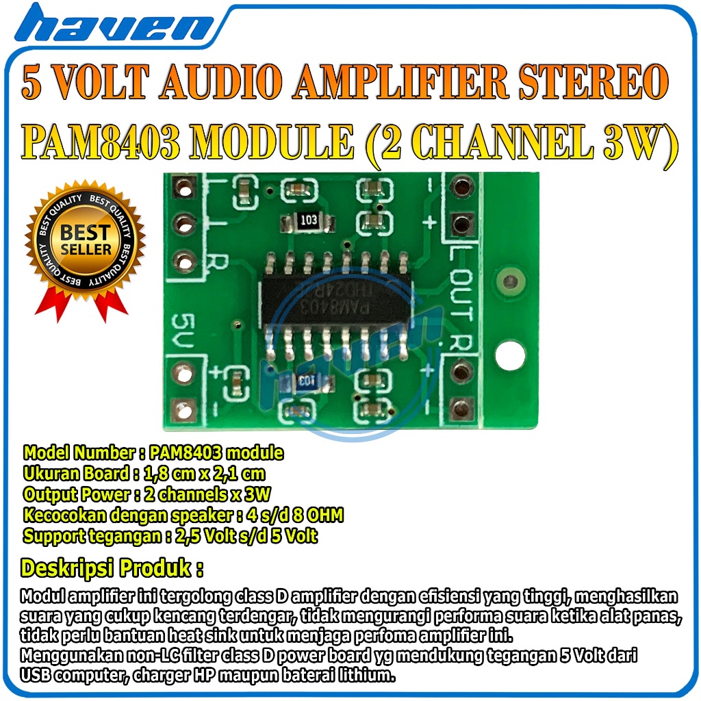 Jual PAM8403 Mini Digital Audio Amplifier Class D 2 x 3W 5V DC / Micro ...