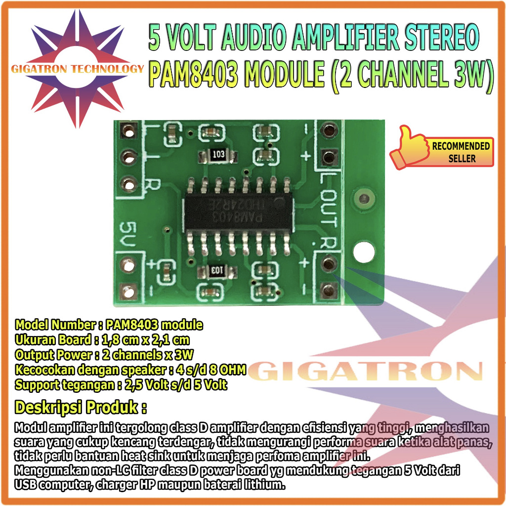 Jual PAM8403 Mini Digital Audio Amplifier Class D 2 x 3W 5V DC / Micro ...