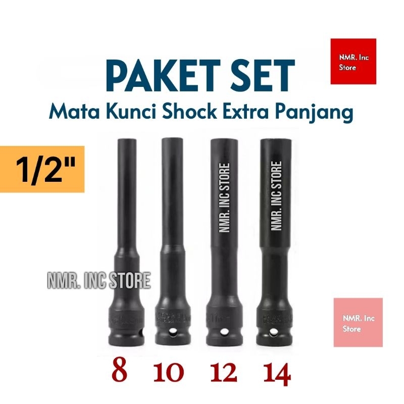 Jual Paket Set Mata Kunci Shock Extra Panjang Impact 8, 10, 12, 14 mm Drive 1/2", Pas Sok Socket ...