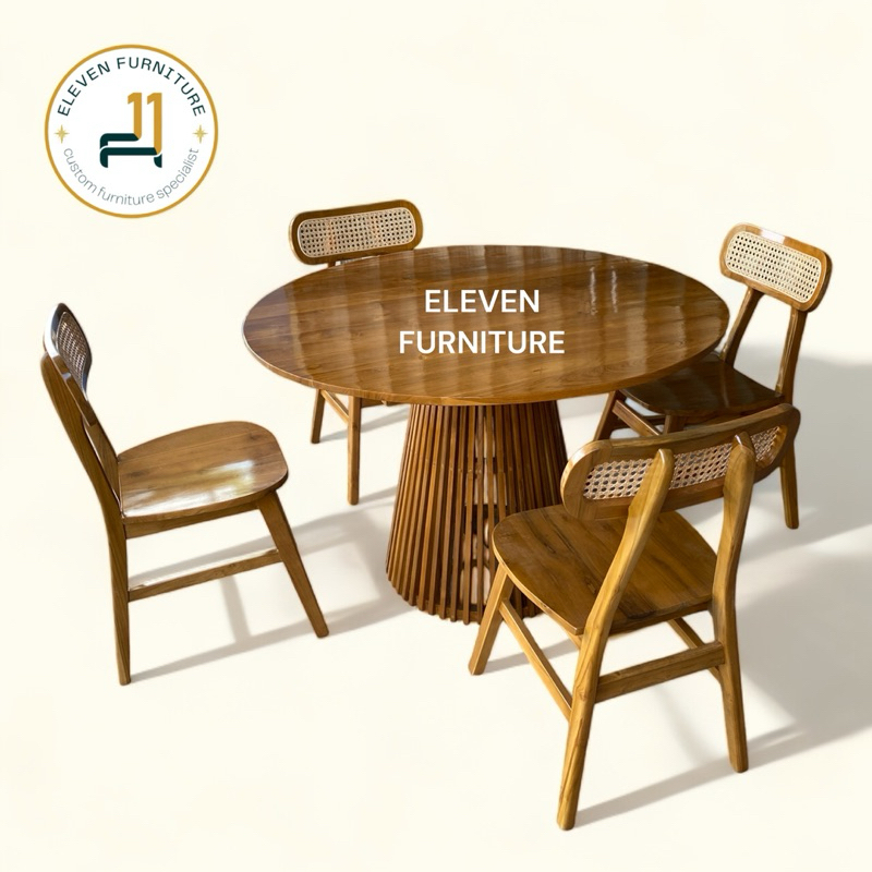 Jual SET MEJA MAKAN BULAT JARI 4 KURSI ROPAN ROTAN JAMUR kayu jati cafe resto minimalis retro ...