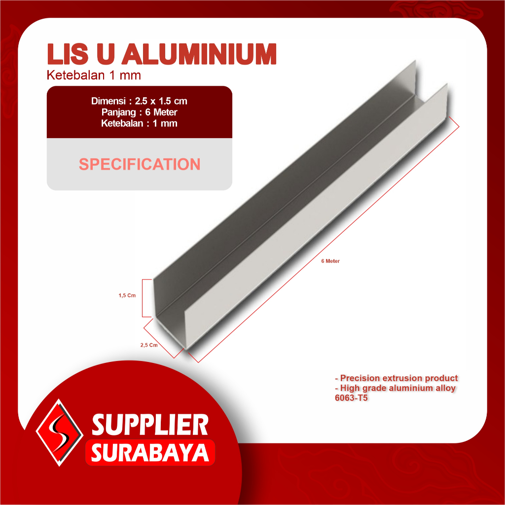 Jual Lis U Aluminium ketebalan 1 mm panjang 6 Meter | Shopee Indonesia