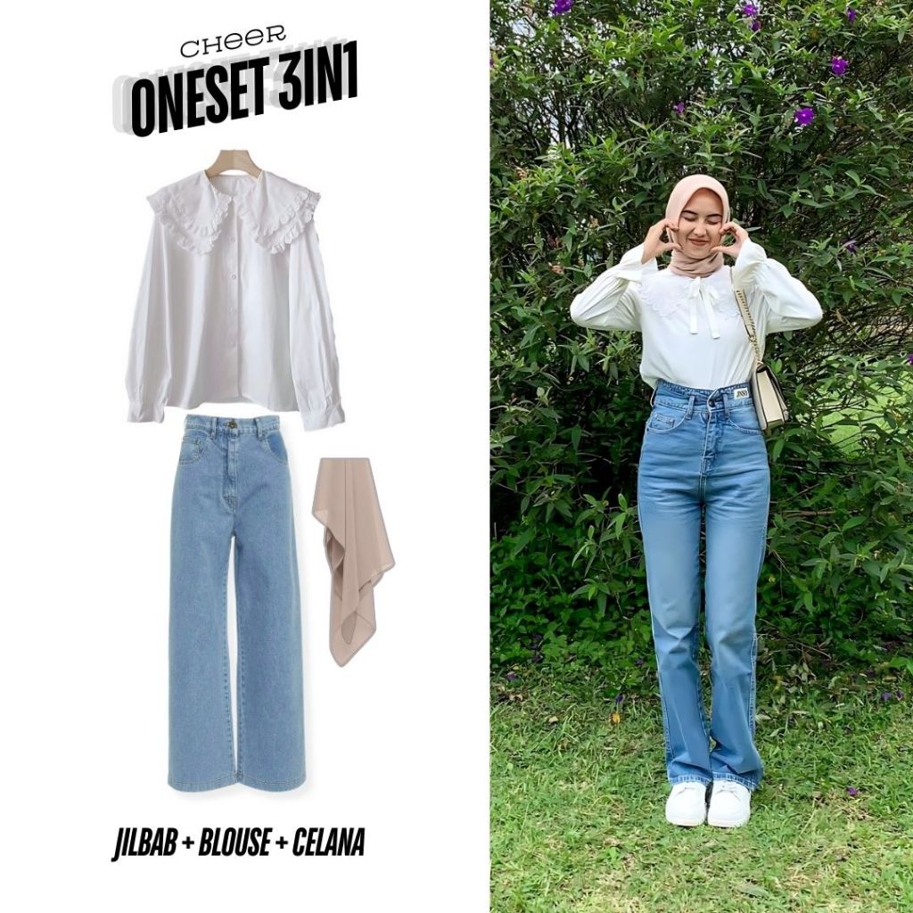 Jual One set 3in1 baju atasan blouse kemeja putih kerah celana jeans highwaist cullote pants ...