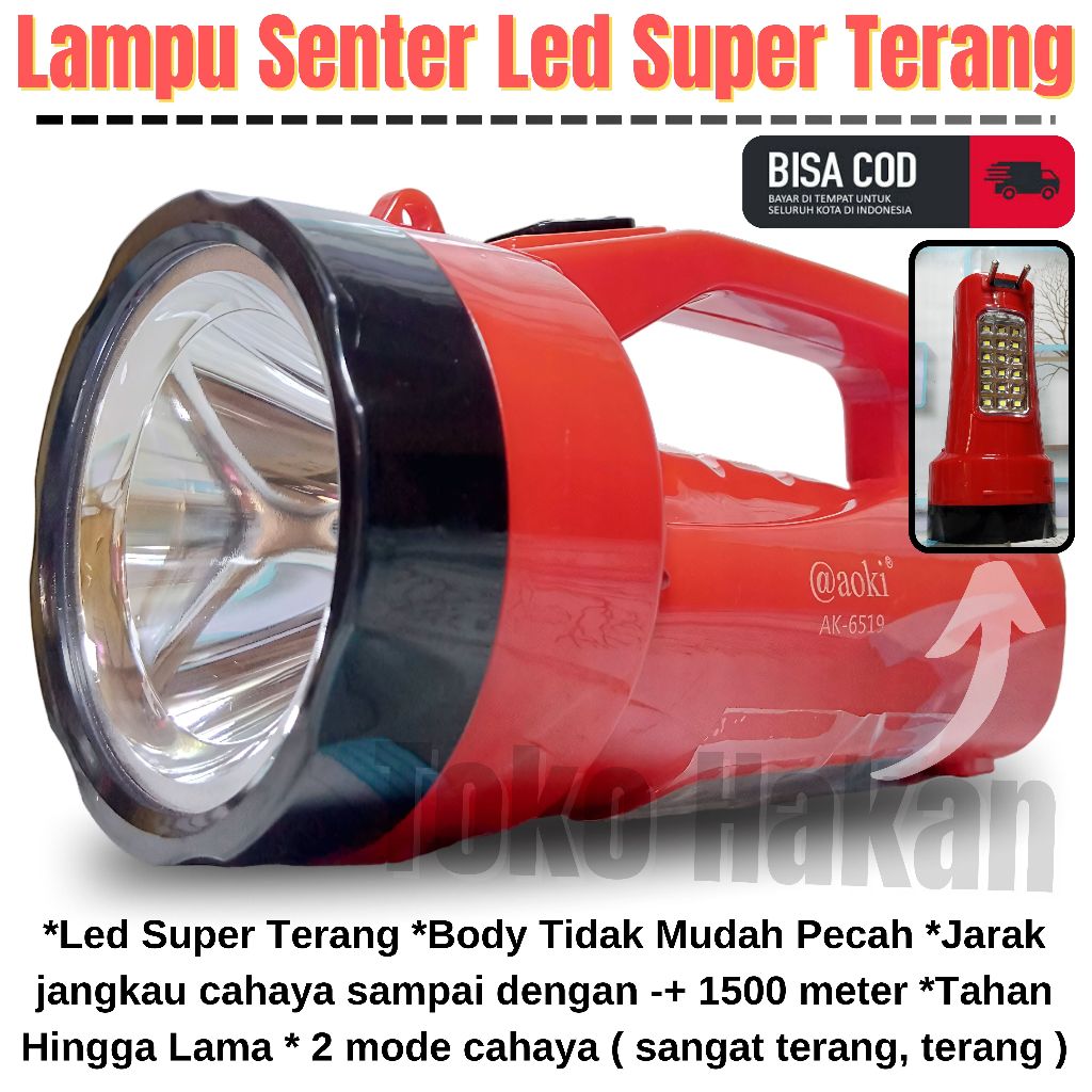 Jual Senter Led Super Terang Aoki Premium AK-6519 Cahaya Putih Tahan ...