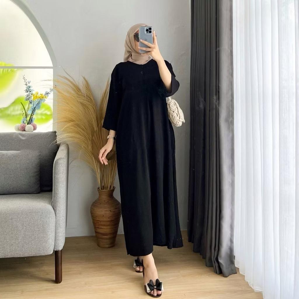 Jual Dres Crinkle Airflow Gamis 2025 Terbaru Warna Hitam Wanita Daster ...
