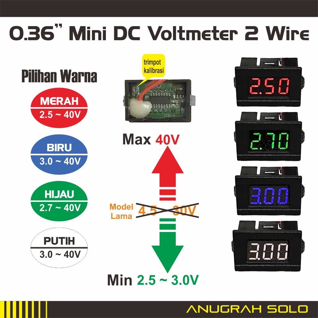 Jual Mini Digital DC Voltmeter 0.36 Inch 2.5-40V Frame Volt Meter DC ...