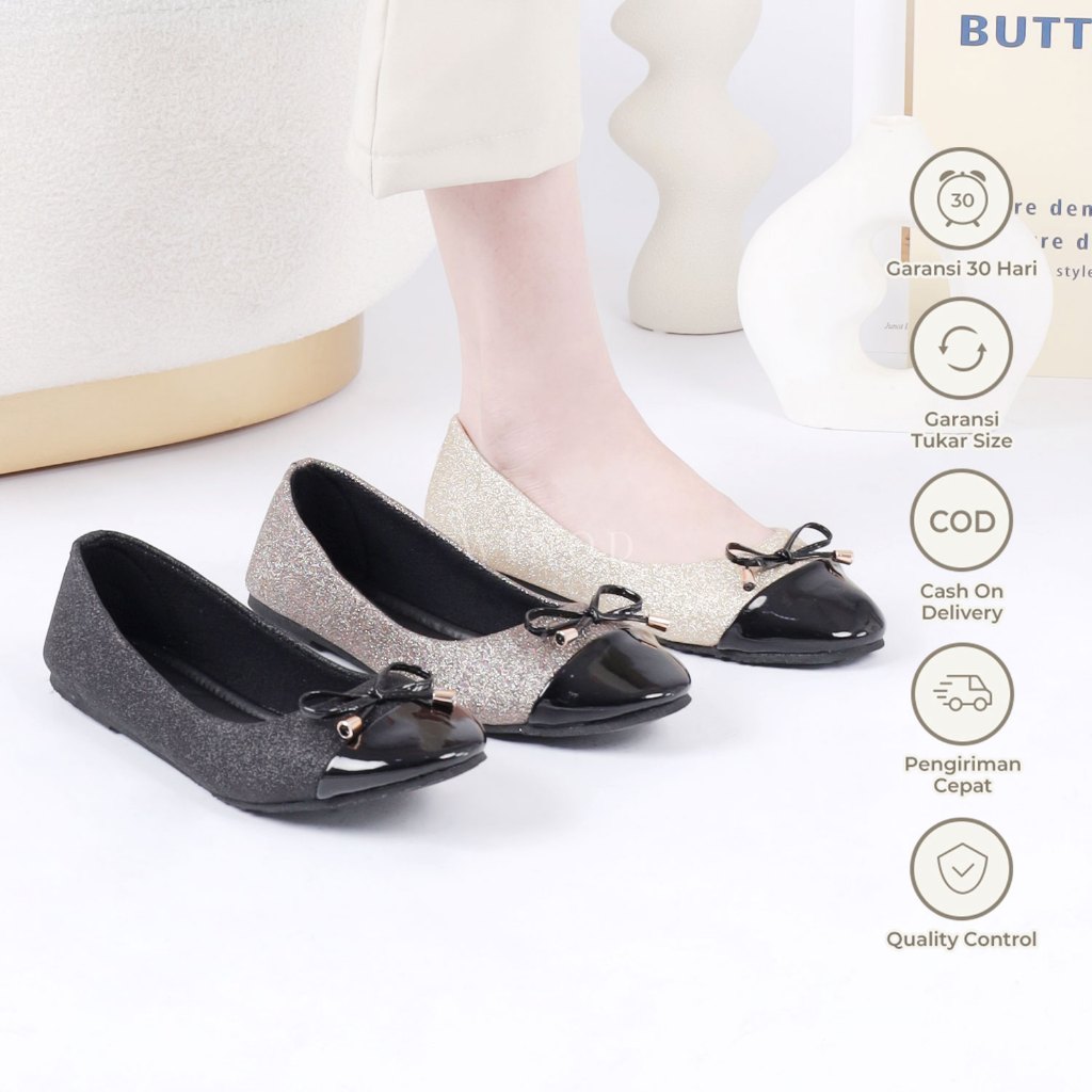 Jual WINOD Fuji Sepatu Flatshoes Sepatu Wanita Kerja Two Tone Pita ...