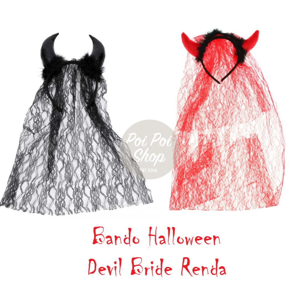 Jual Bando Devil Bride Renda Bulu Kostum Halloween Iblis Hitam Merah ...