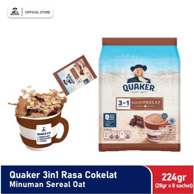 Jual Quaker 3 in 1 Chocolate Polybag 224 Gram Minuman Sereal Oats Isi 8 ...