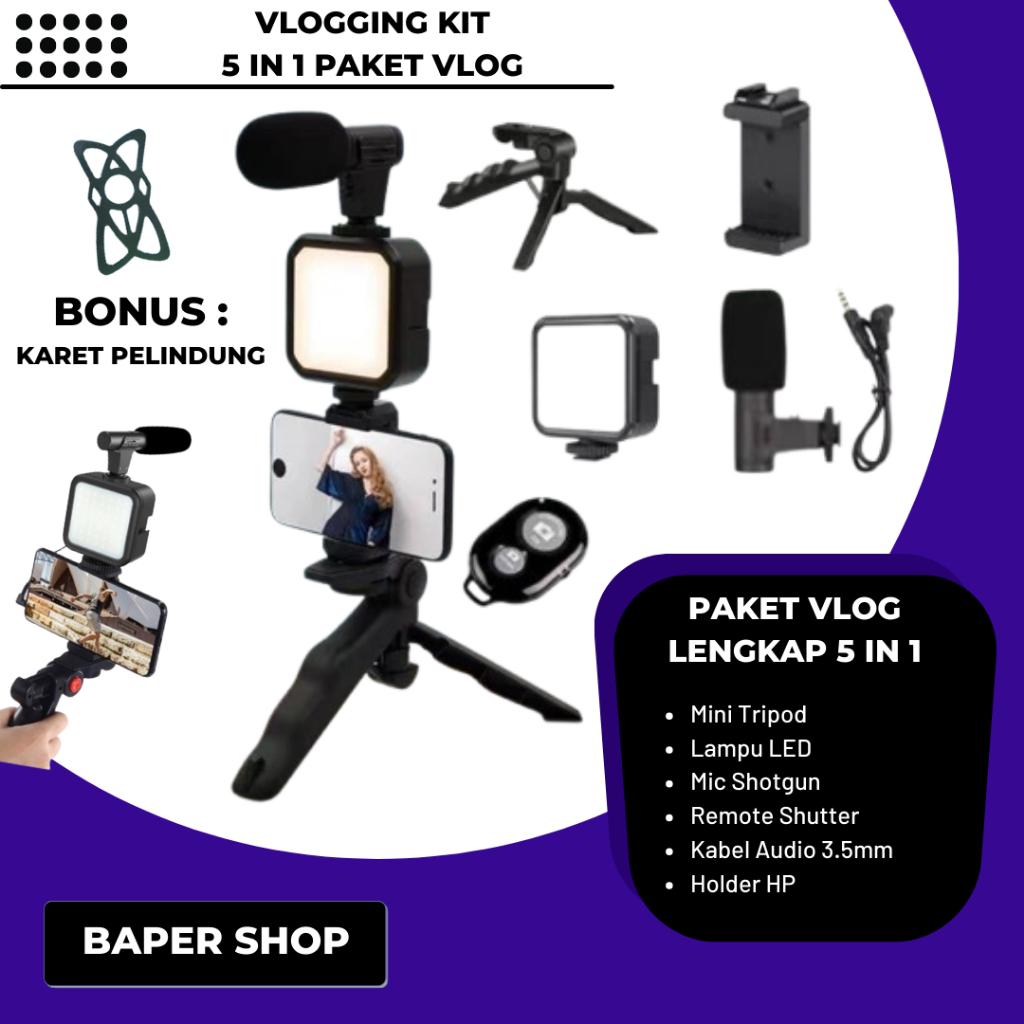 Jual Vlogging Kit 5 in 1 Paket Vlog Komplit LED Light Tripod Phone Holder Microphone Remote ...