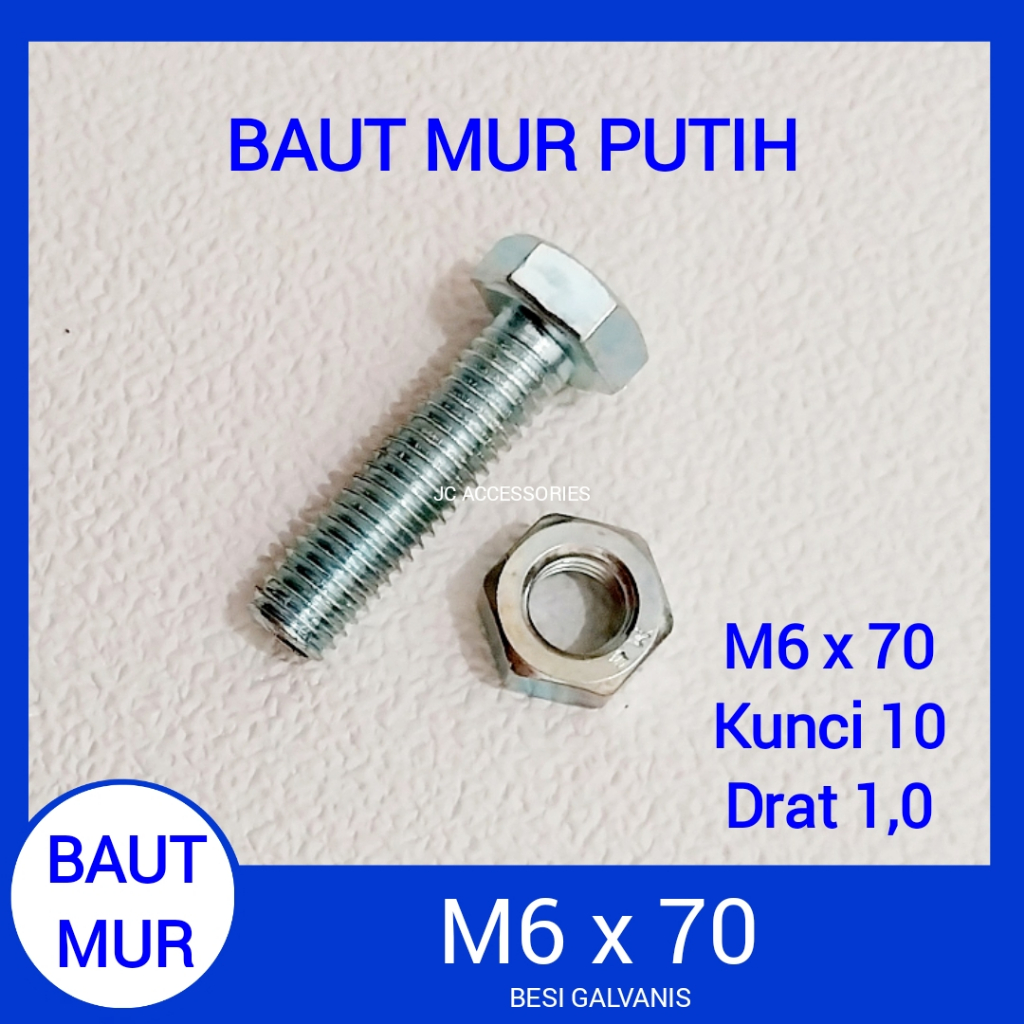 Jual BAUT MUR PUTIH M6x70 KUNCI 10 PITCH 1,0 BMP M6 x 70 BAUT MUR HEXAGON HEX GALVANIS BAUT 6x70 ...