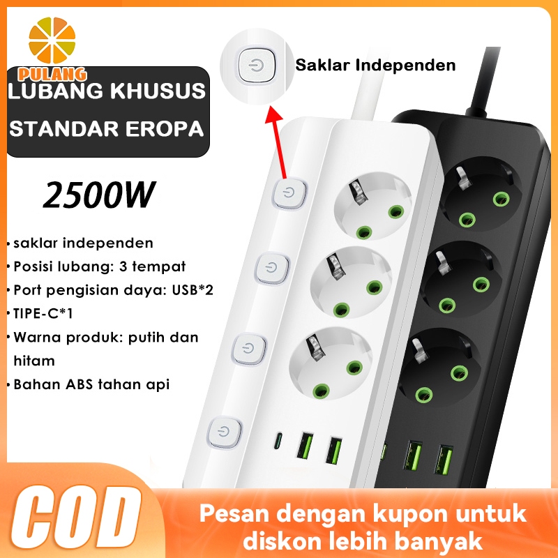 Jual Pulang 2500W Power Strip Power Socket Stop Kontak 5 Lubang Stop Kontak USB Kabel Panjang 2 ...