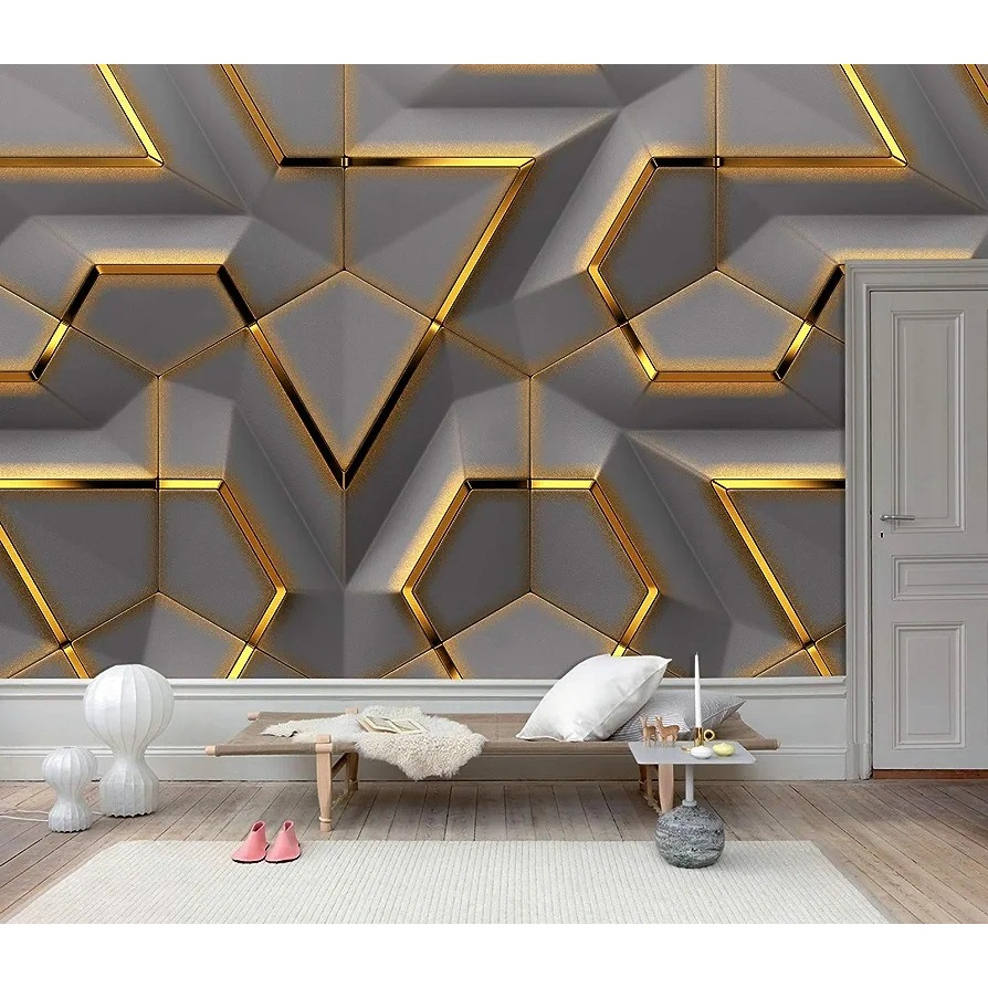 Jual WALLPAPER DINDING GEOMETRIC 3D ABU LIST GOLD | Shopee Indonesia