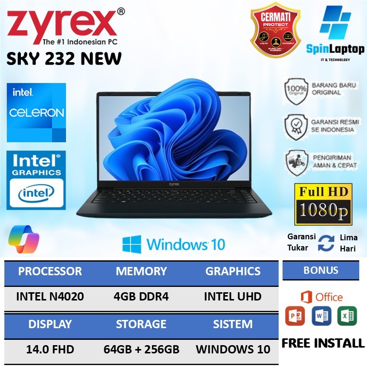 Jual ZYREX SKY 232 NEW GEN N4020 RAM 4GB SSD 256GB+64GB WINDOWS 10 FHD ...