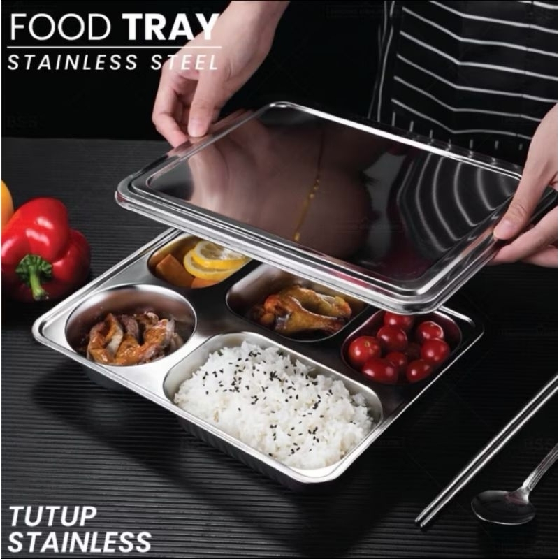 Jual piring makan stainless sekat 5 + tutup stainless TEBAL / lunch box ...
