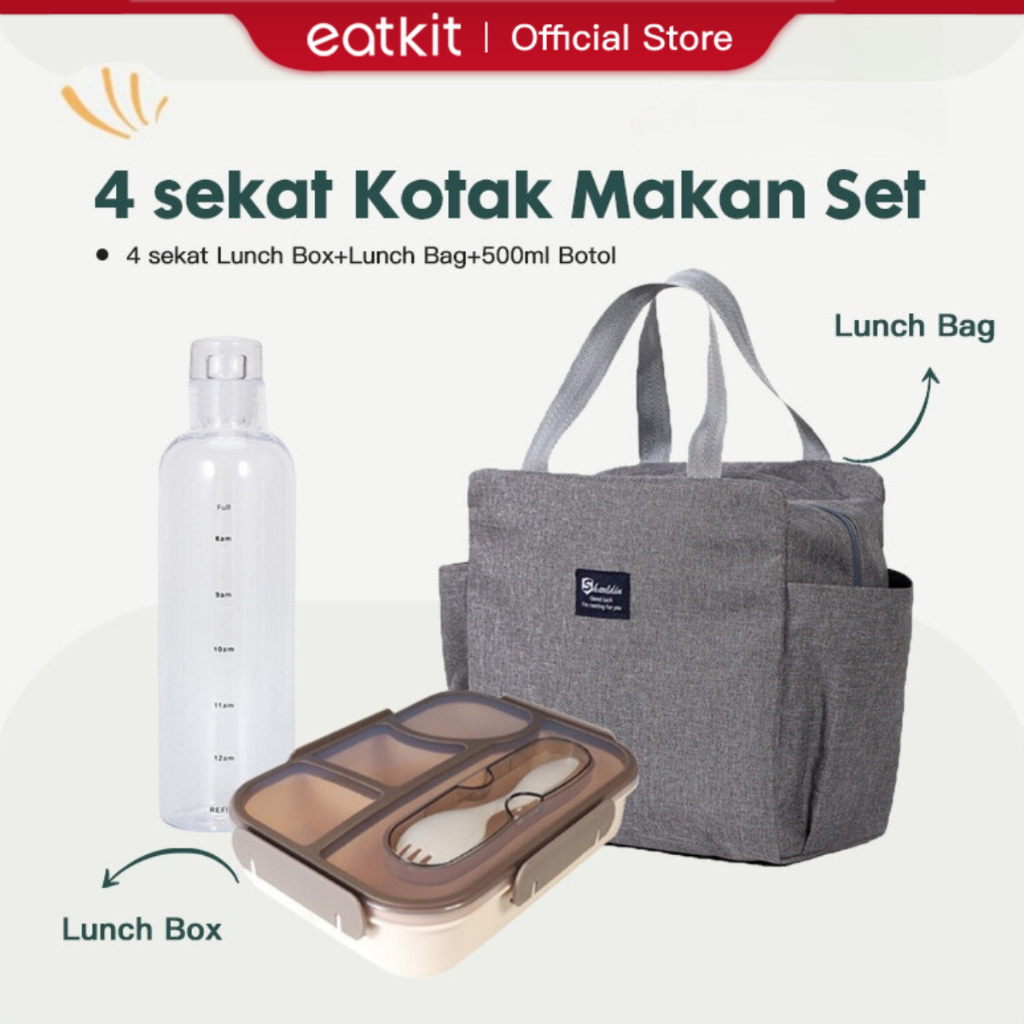 Jual Eatkit Paket Kotak Makan Siang Empat Kompartemen | Botol Minum 500ml Dan Tas Bekal Set ...