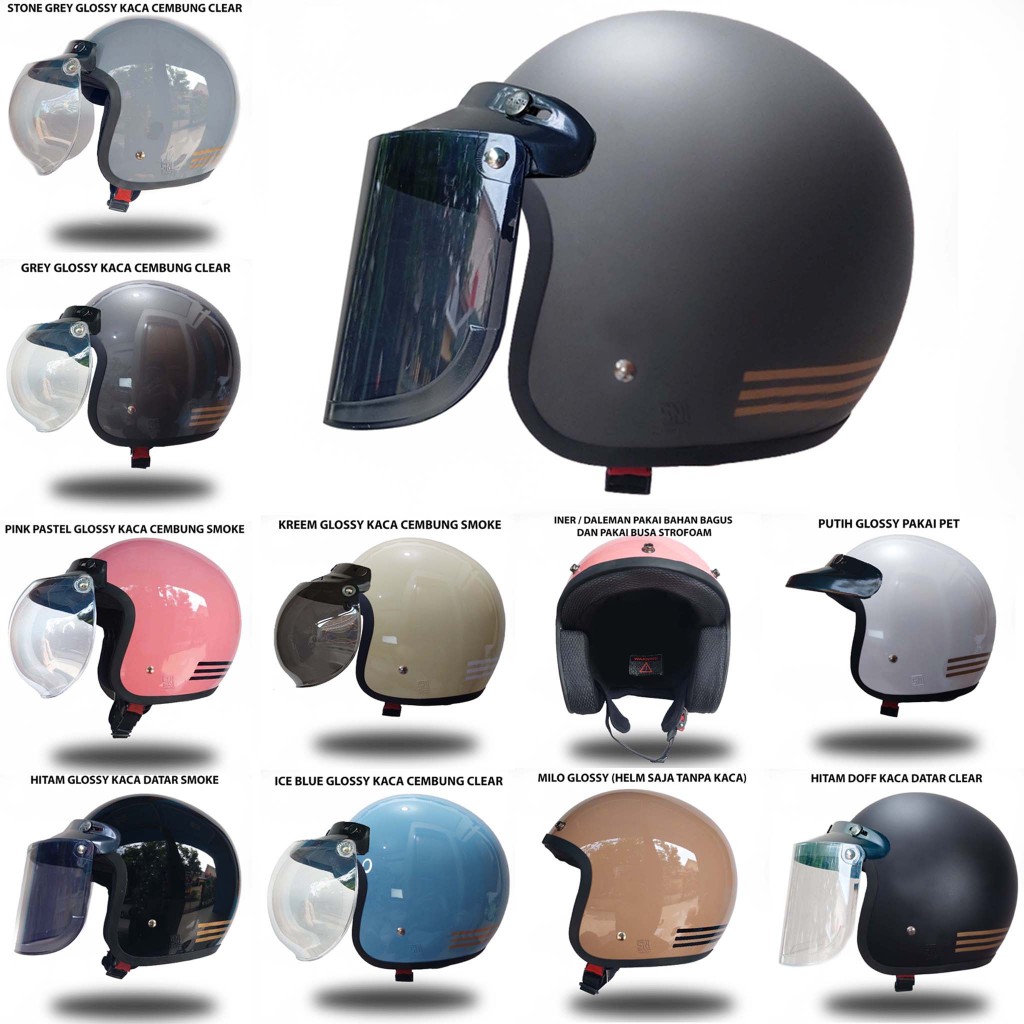 Jual Helm Polos Garis 3 Retro dewasa SNI warna polos helm Clasic ...