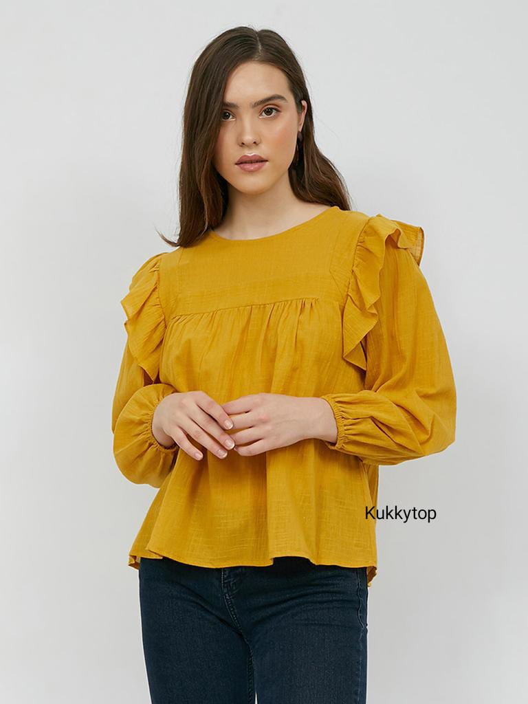 Jual Kukky Top Blouse Wanita Ruffle Simple Korean Style 11916 | Shopee ...