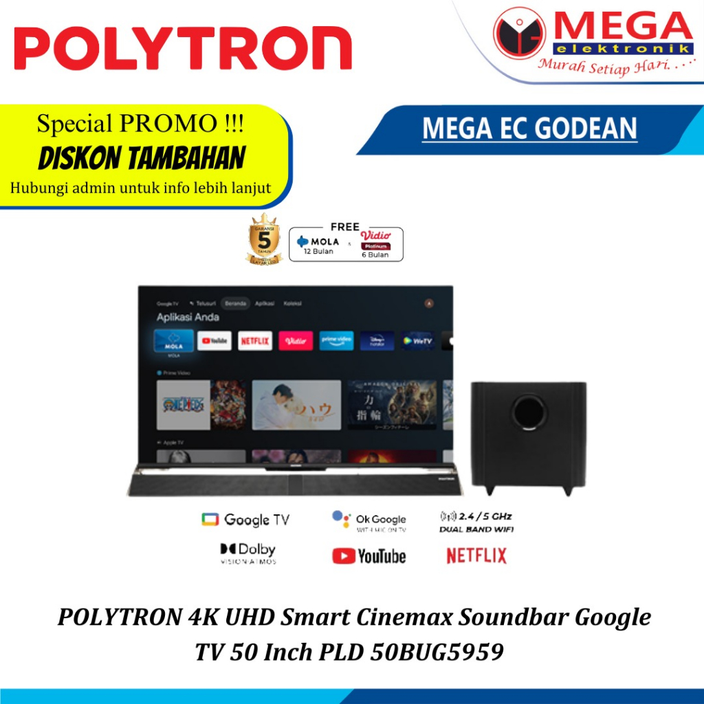 Jual LED POLYTRON PLD 50BUG5959 4K UHD Smart Cinemax Soundbar Google TV 50 Inch | Shopee Indonesia