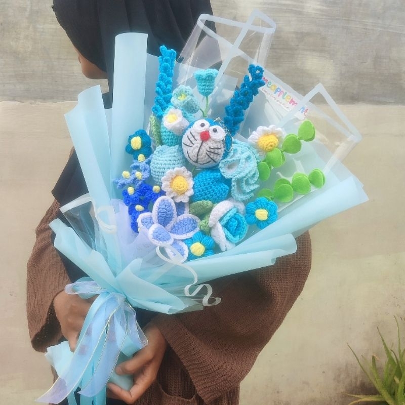 Jual buket bunga rajut doraemon | crochet bouquet | crochet flower ...